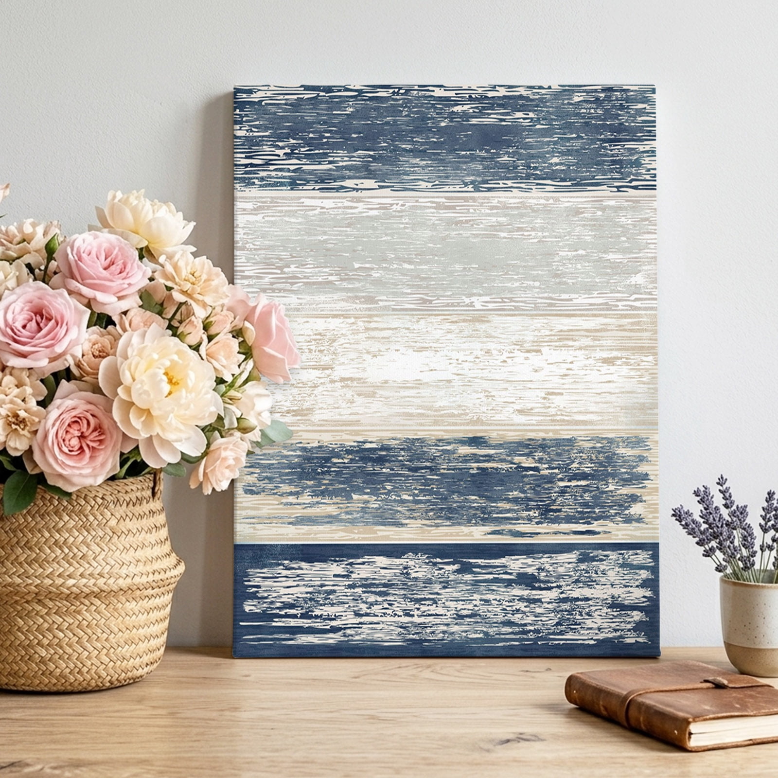 Blue Beige Stripes Canvas Wall Art for Living Room, Vintage Rustic ...