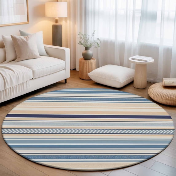 Blue Beige Stripes Lines Round Rug 5ft Abstract Geometric Pattern ...