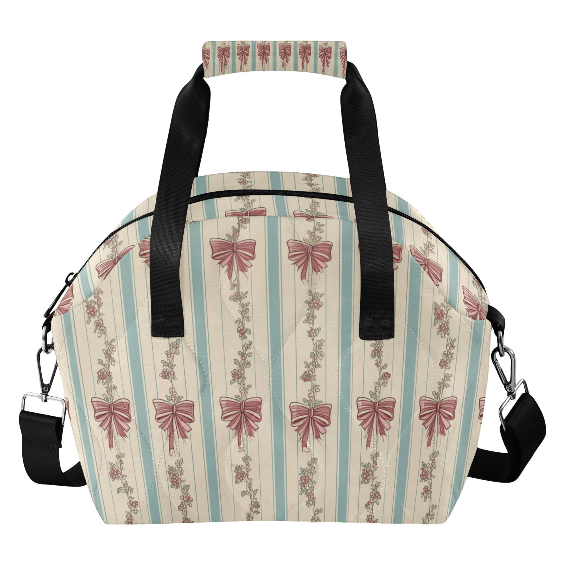 Blue Beige Stripes Pink Bows Flowers Insulated Lunch Bag Reusable ...