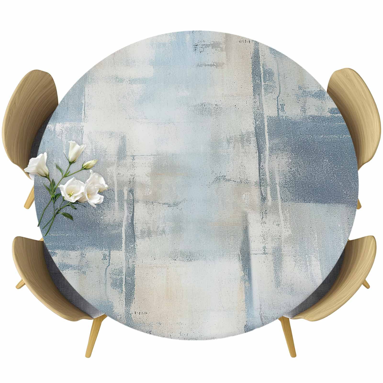 Blue Beige Table Cloth, Round Fitted Tablecloths with Elastic Edge, Oil ...