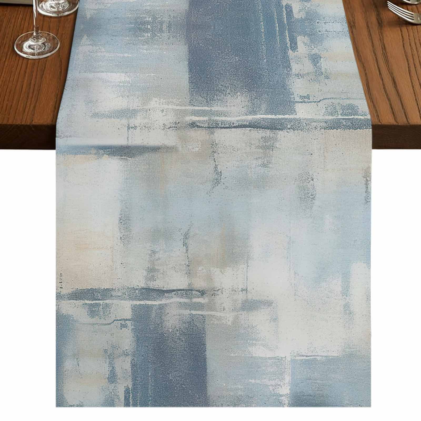 Blue Beige Table Runner 120 Inches Long,Oil Painting Abstract Art ...