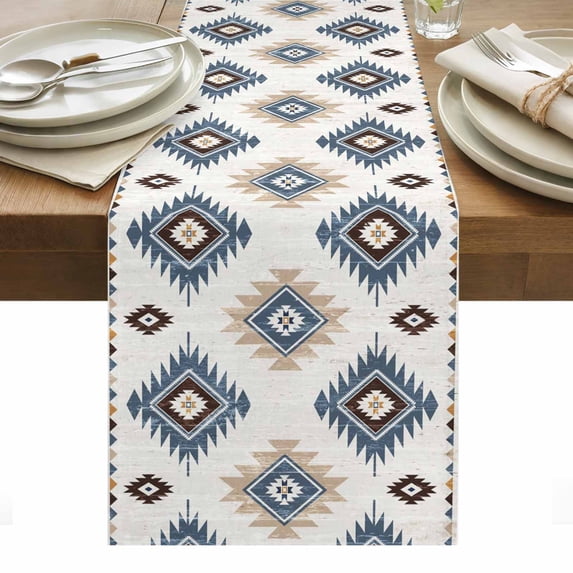 Blue Beige Table Runner 18 x 72 Inch, Aztec Ethnic Southwestern Native ...