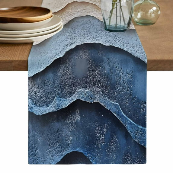 Blue Beige Table Runner, Coastal Wave Modern Abstract Art Washable ...