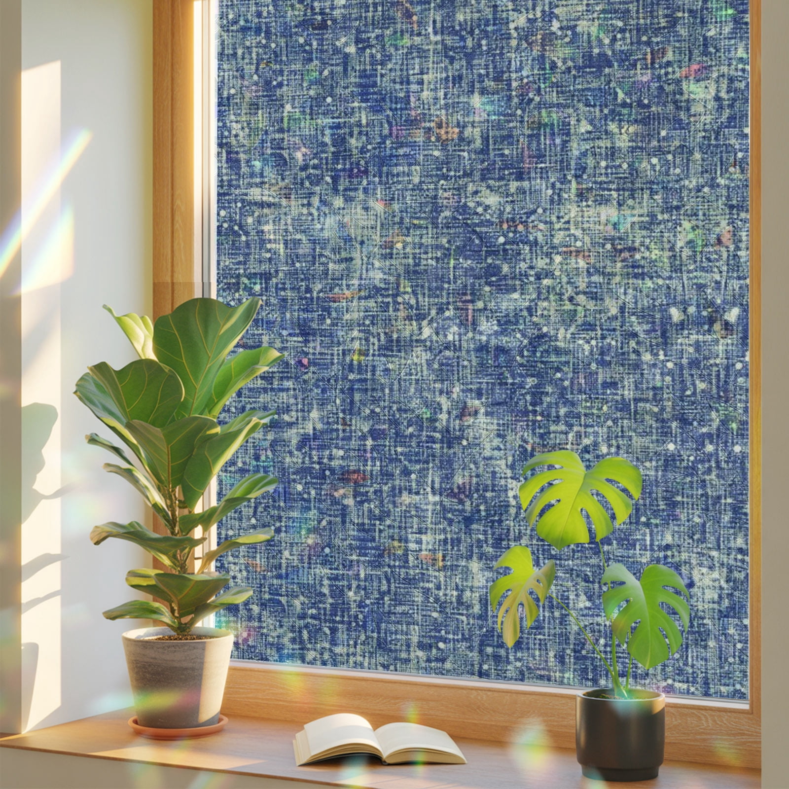 Blue Beige Textured Window Privacy Film, Vintage Rustic Abstract ...
