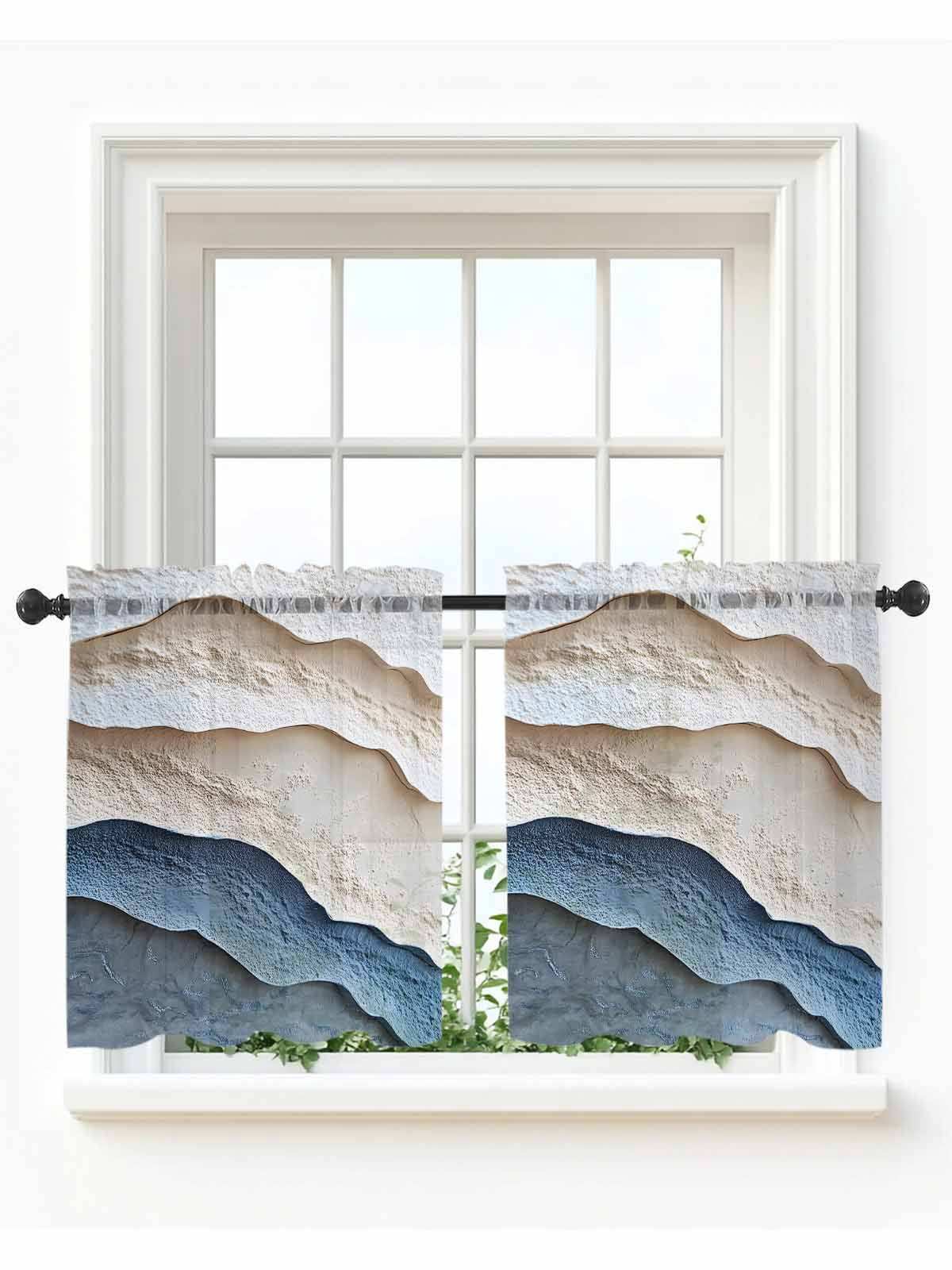 Blue Beige Tier Curtains 24 Inch Length, Sheer Curtains for Bedroom ...