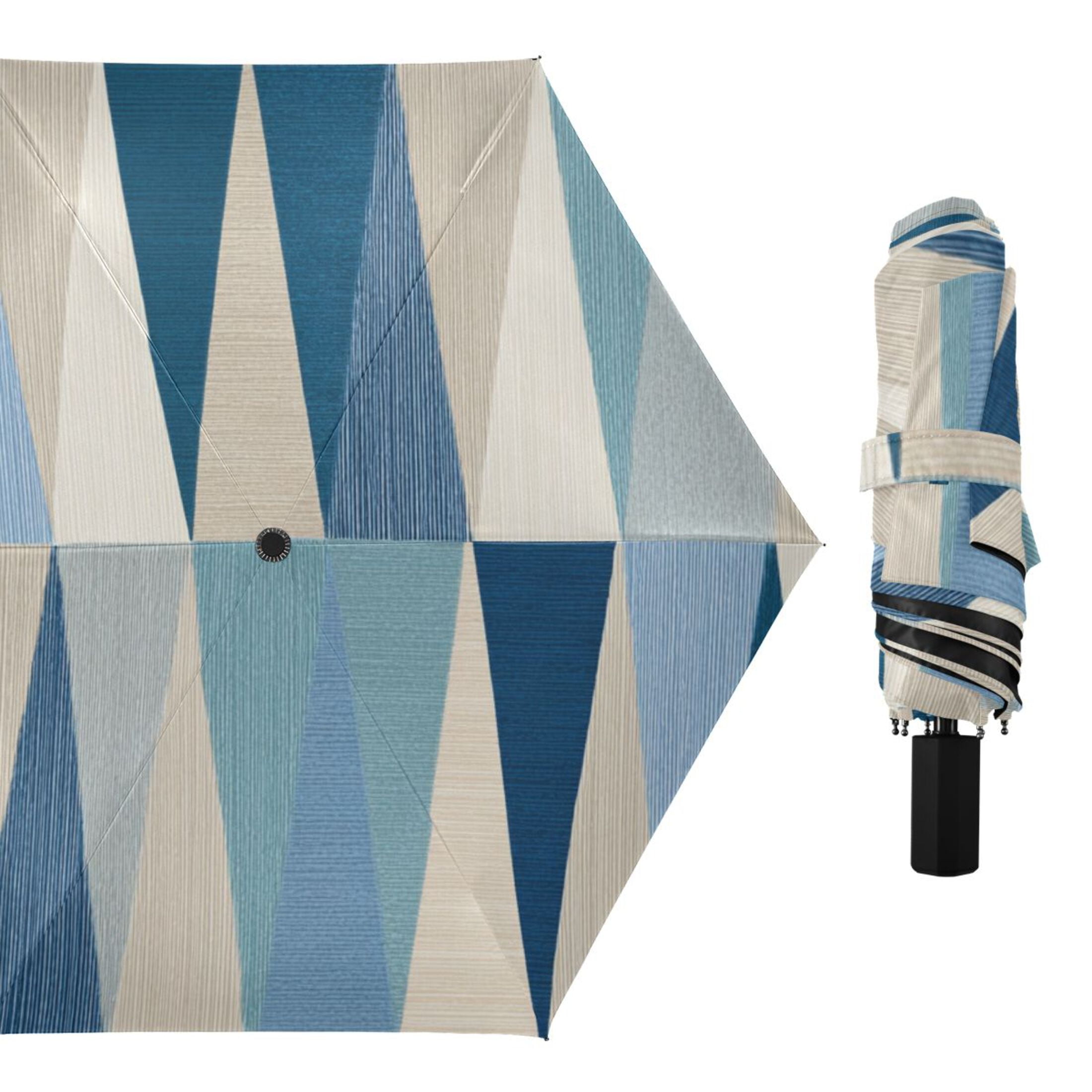 Blue Beige Triangles All Weather Umbrella Triple Folding Parasol 6 Ribs ...
