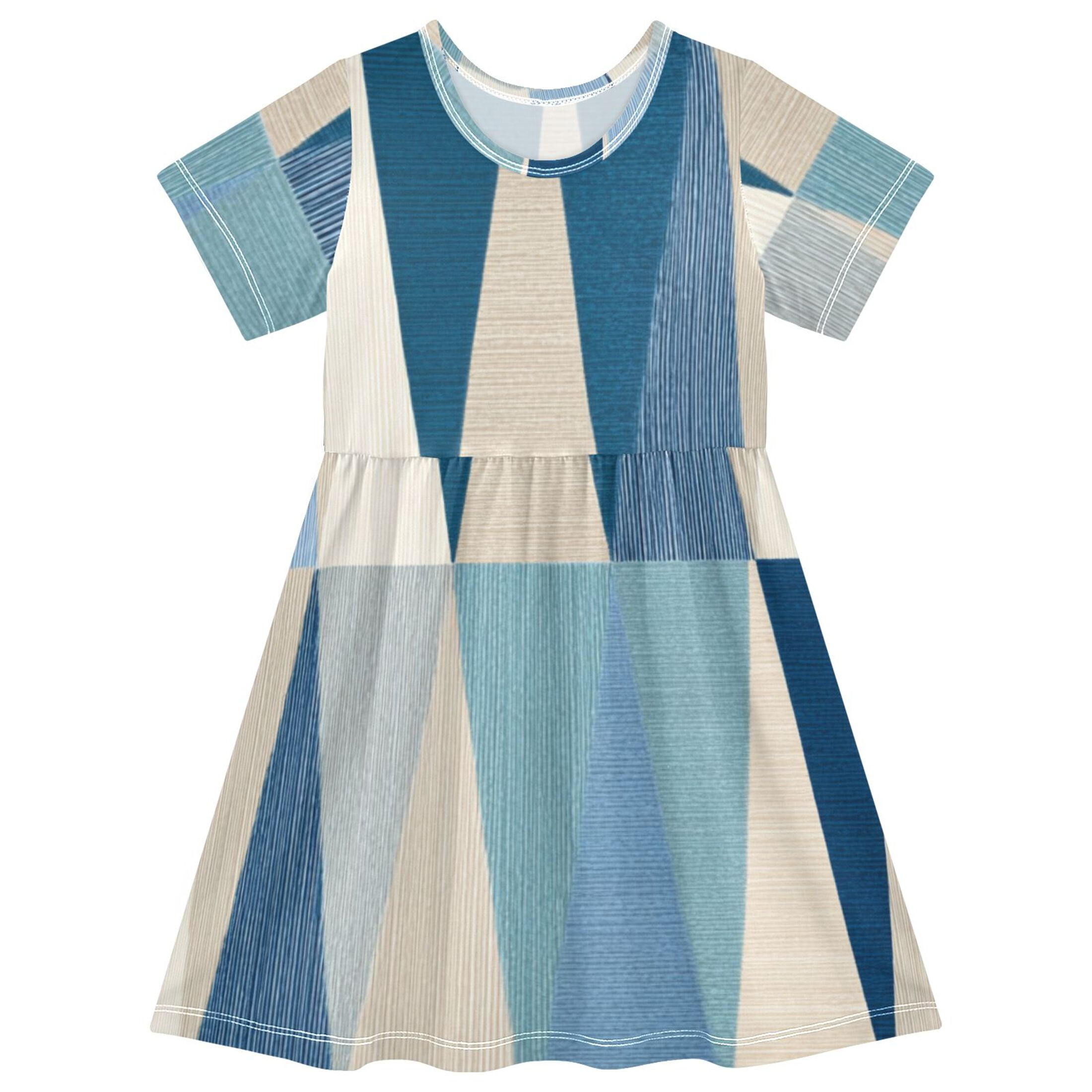 Blue Beige Triangles Girls' Short Sleeve Dress A-Line One-Piece Dress ...