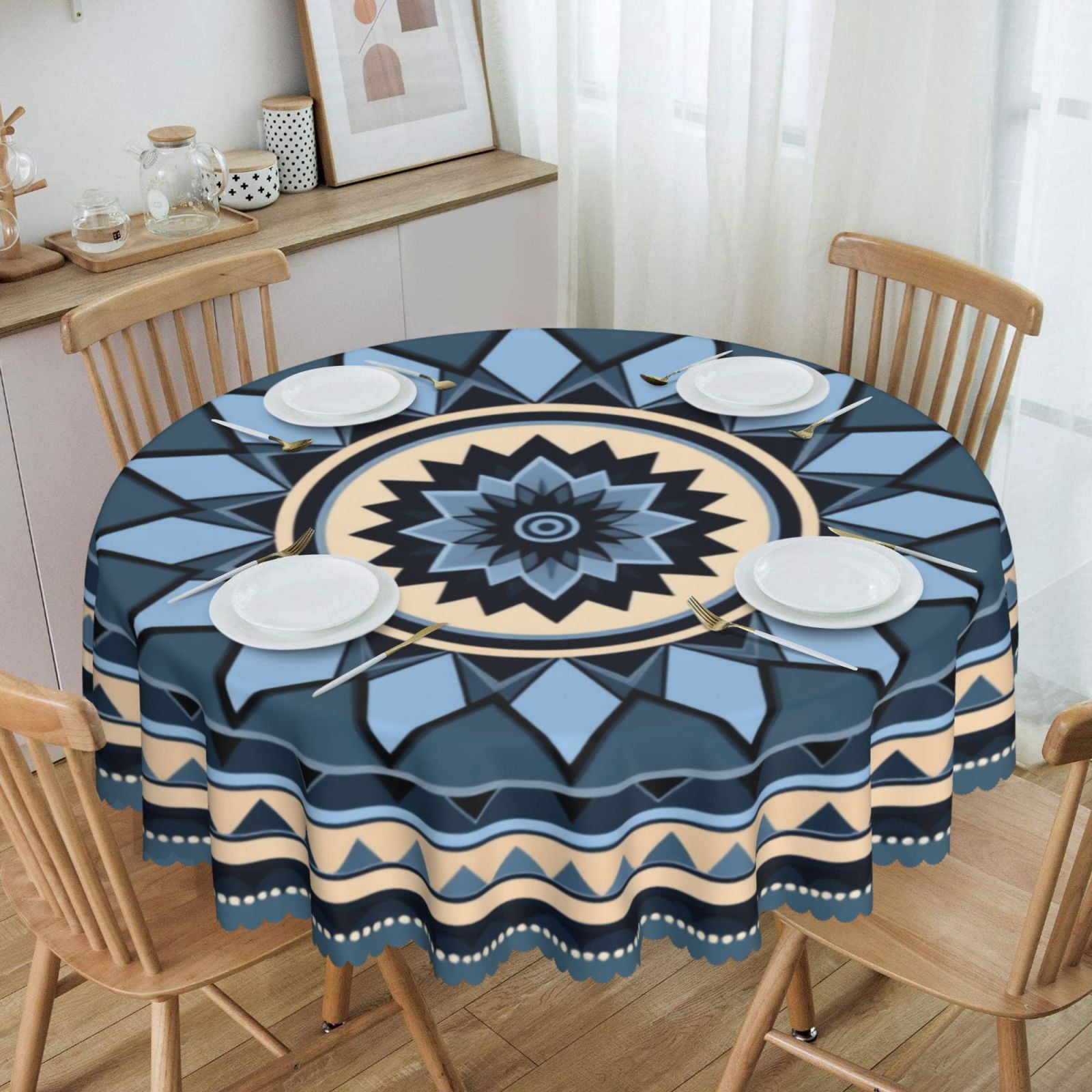 Blue And Beige Tribal Geometric Mandala Pattern Round Tablecloth ...