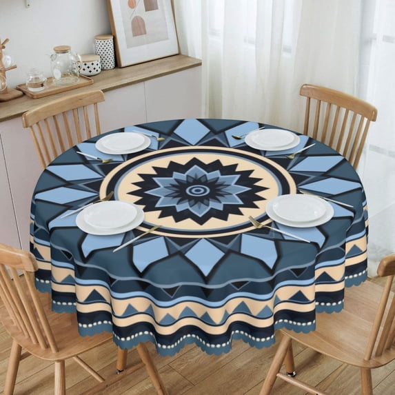 Blue And Beige Tribal Geometric Mandala Pattern Round Tablecloth ...