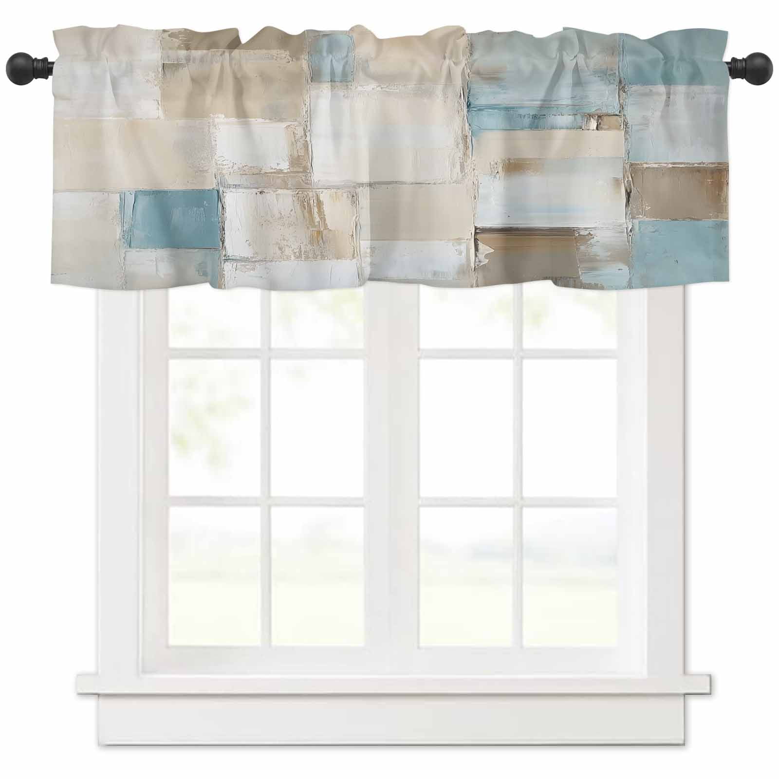 Blue Beige Valances for Windows Farmhouse Kitchen Curtains Valances Rod ...