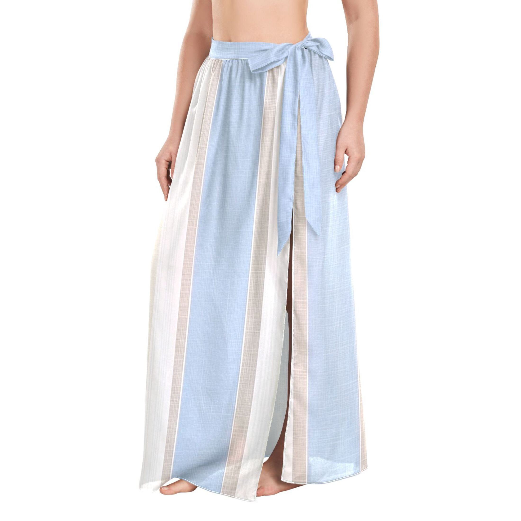 Blue Beige Vertical Stripes Women's Swimwear Cover Ups Strappy Beach ...