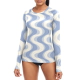Blue Beige Vertical Wavy Lines Women's Rash Guard Shirts UPF 50+ Sun ...