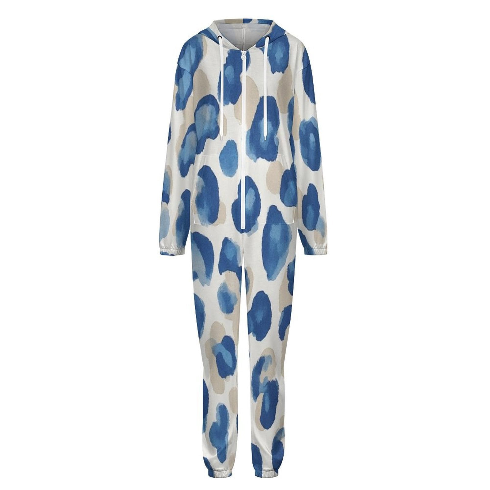 Blue Beige Watercolor Cheetah Print Unisex Adult Onesie Pajamas with ...