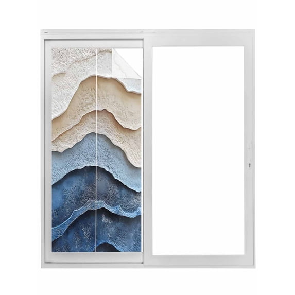 Blue Beige Window Privacy Film, Coastal Wave Modern Abstract Art Static ...