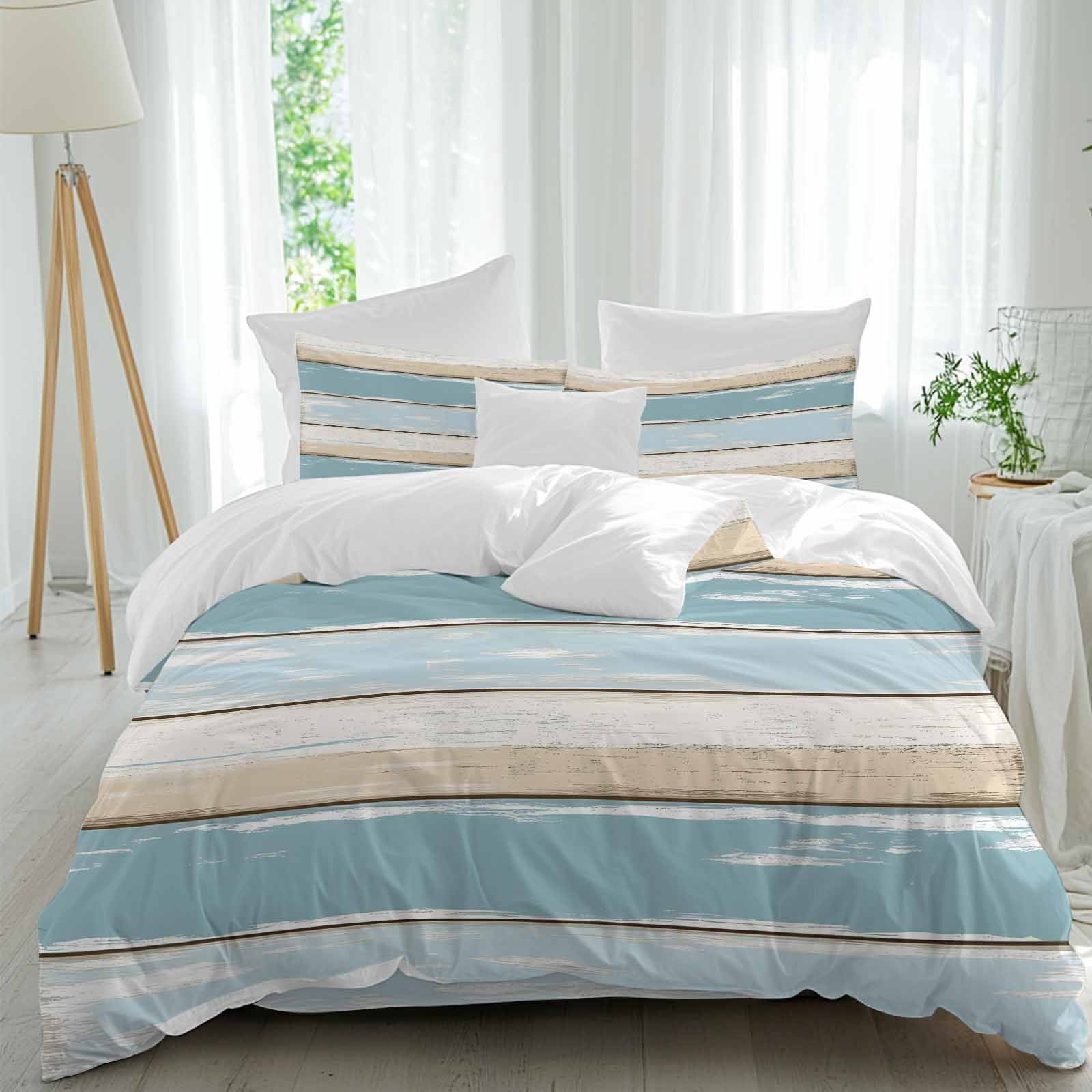Blue Beige Wood Grain Comforter Set Twin Size, Vintage Board Farmhouse ...