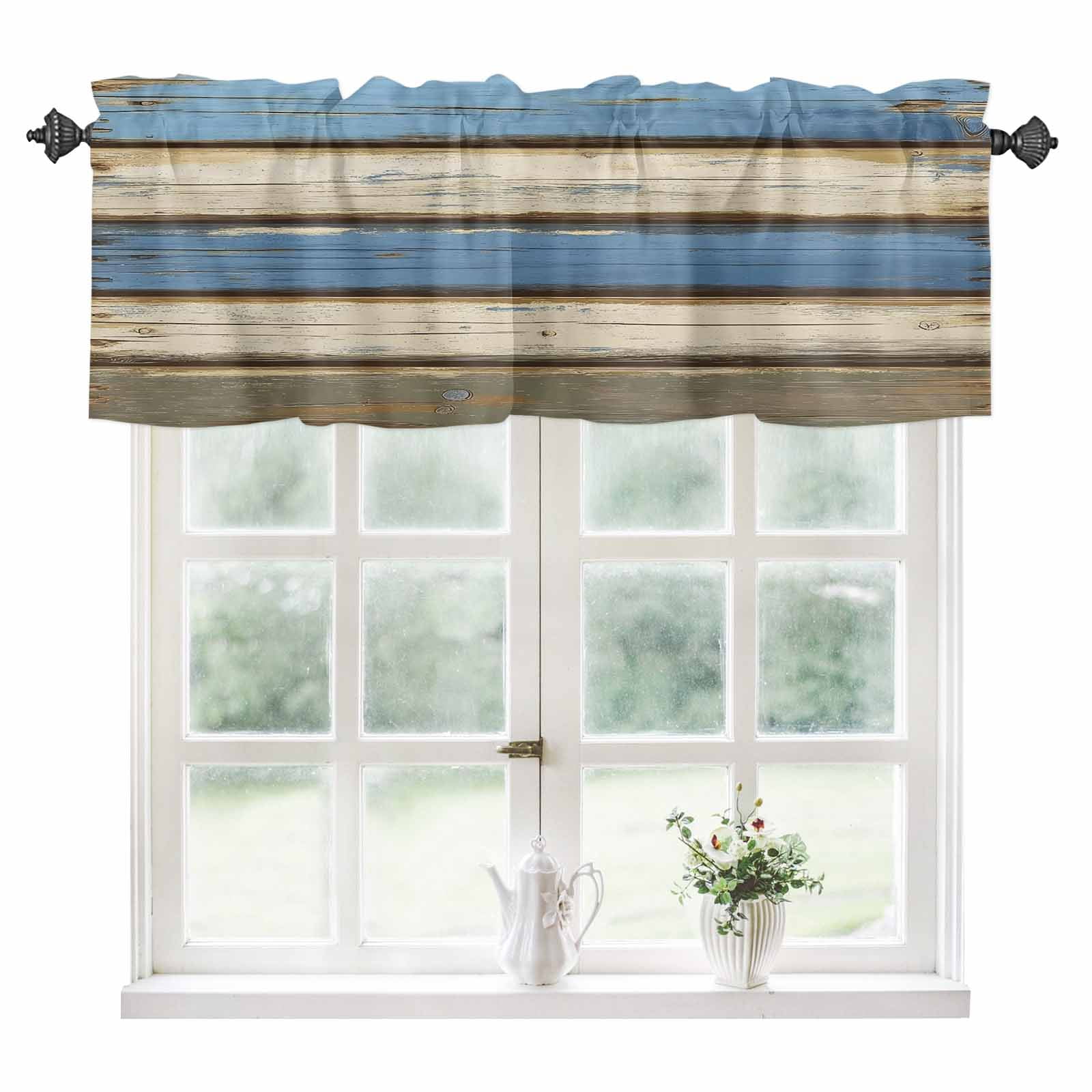 Blue Beige Wood Grain Kitchen Valances for Windows 42x12 Inch Kitchen ...
