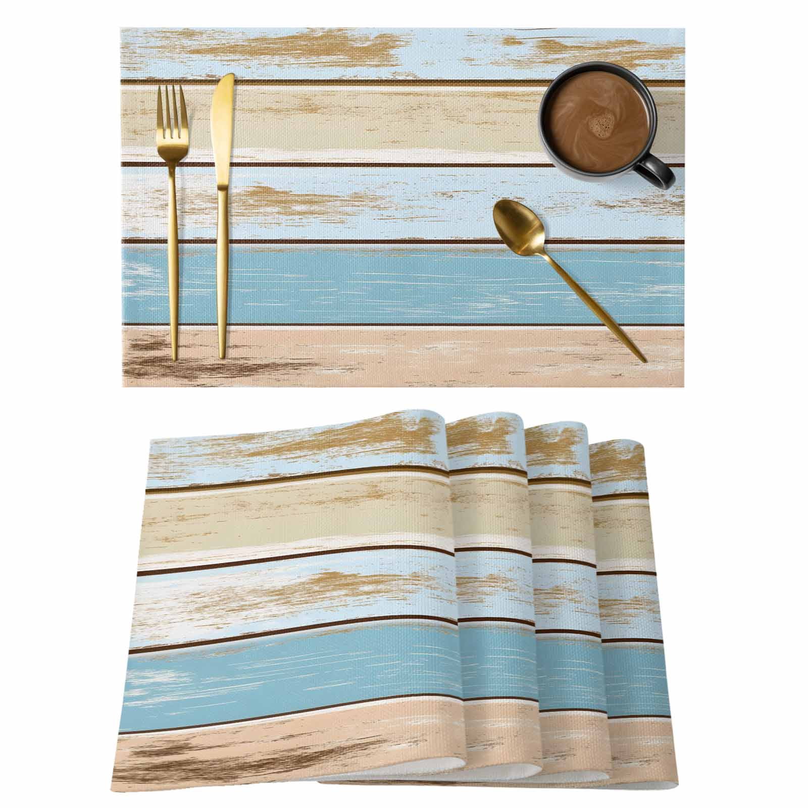 Blue Beige Wood Grain Placemats Set of 1, Countryside Board Non-Slip ...