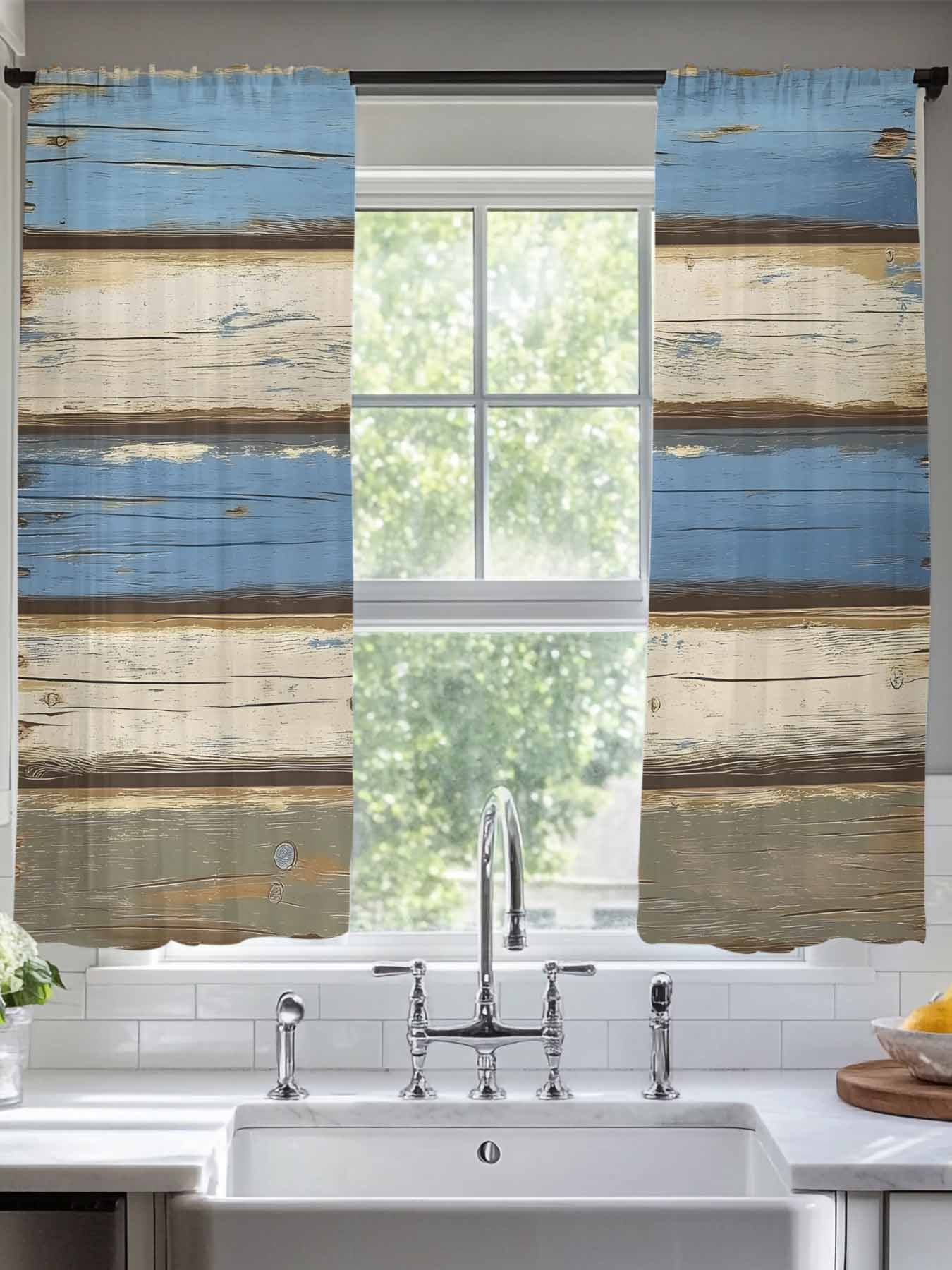 Blue Beige Wood Grain Sheer Curtains for Living Room Bedroom Modern ...