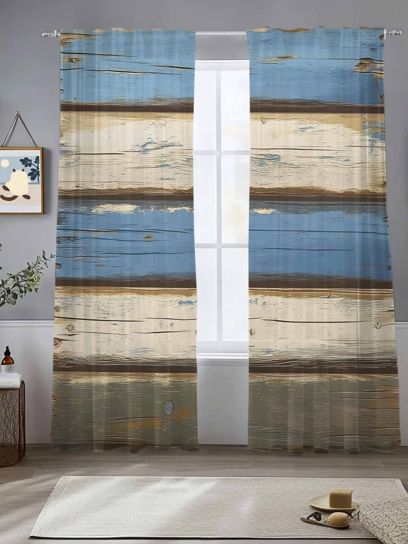 Blue Beige Wood Grain Sheer Curtains for Living Room Bedroom Modern ...