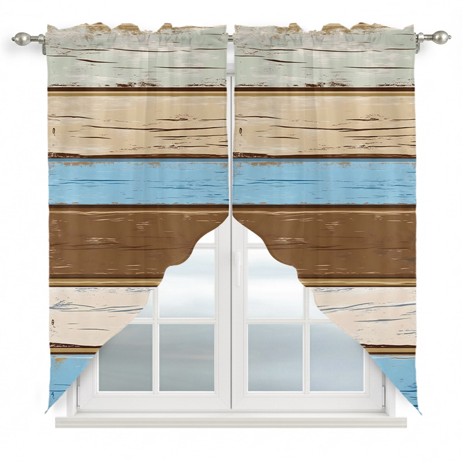 Blue Beige Wood Grain Swag Curtain Valance for Window 2 Panels ...