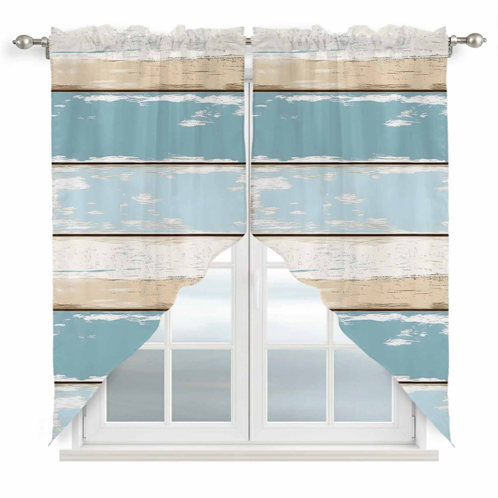 Blue Beige Wood Grain Swag Curtain Valance for Window 2 Panels Vintage ...