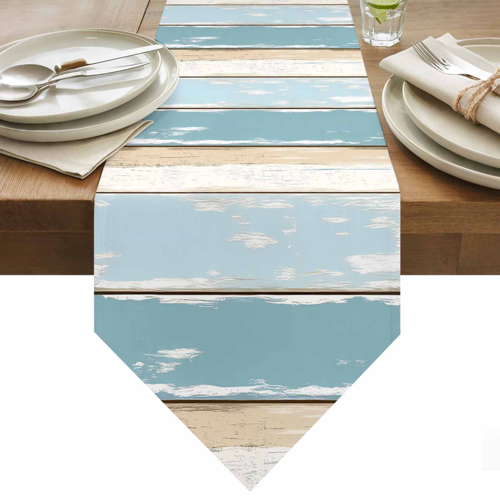 Blue Beige Wood Grain Table Runner 70 Inches Long Vintage Board ...