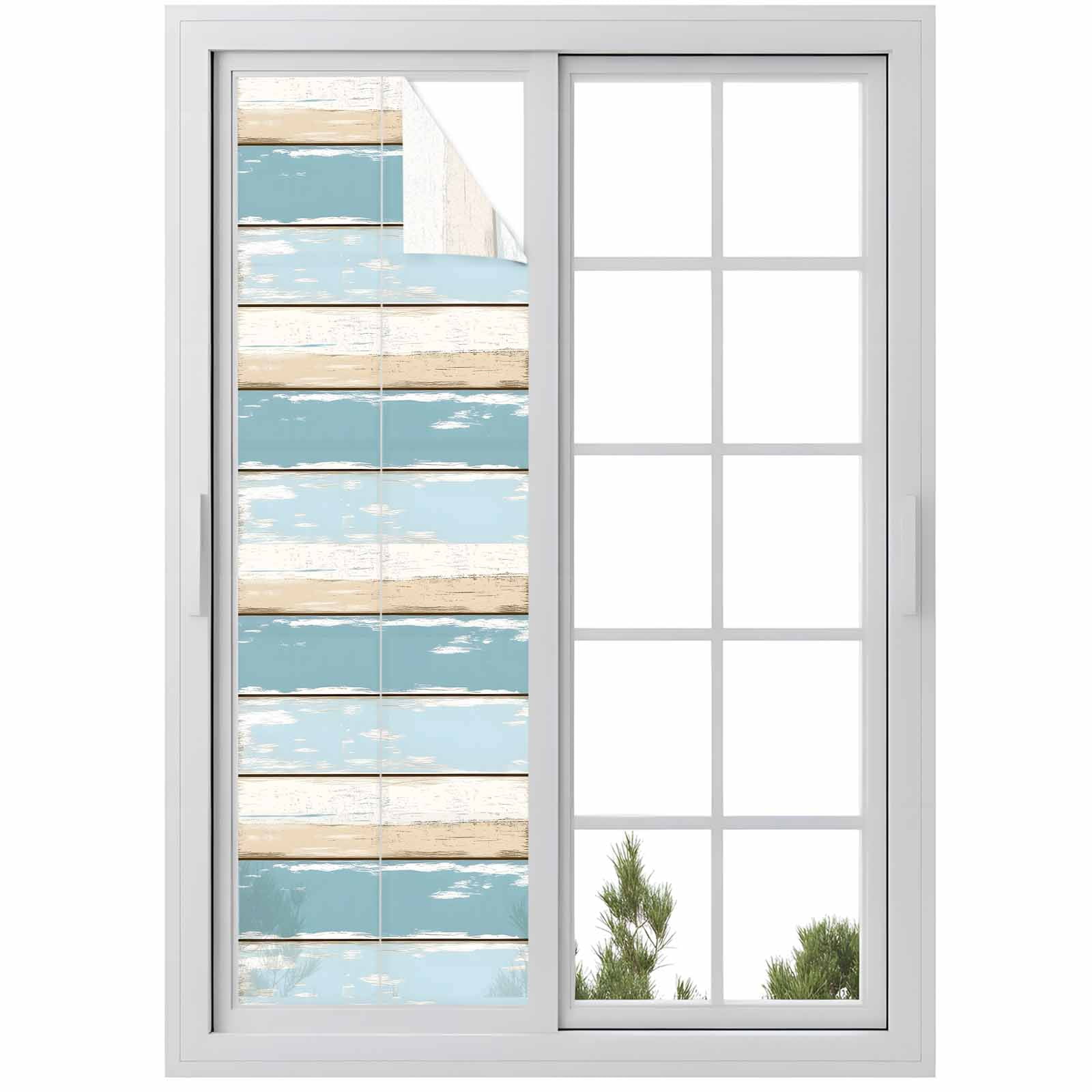 Blue Beige Wood Grain Window Privacy Film Vintage Board Farmhouse Retro ...