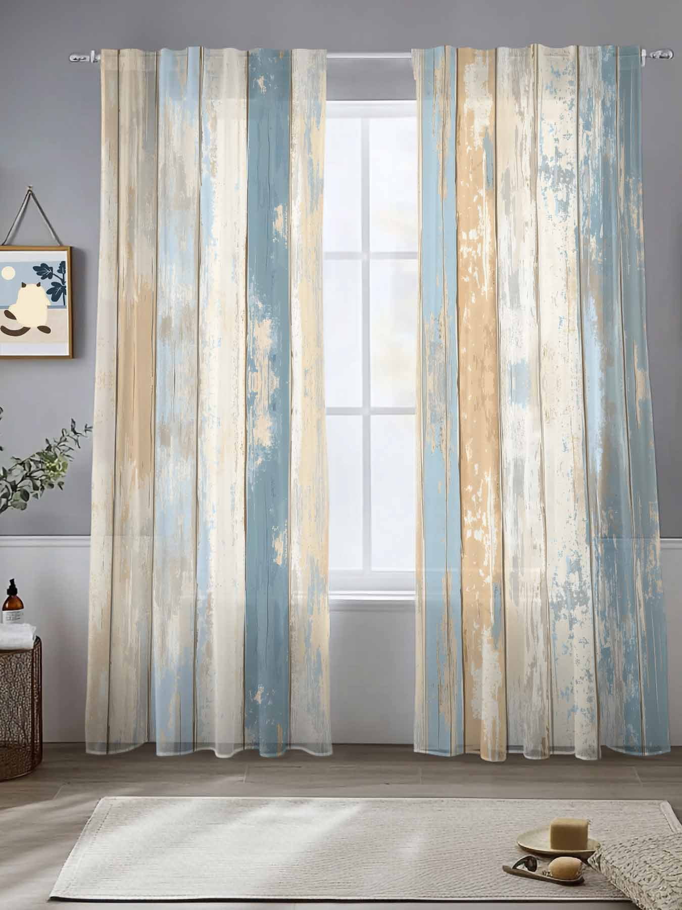Blue Beige Wooden Sheer Curtains for Living Room Bedroom Vintage Farmhouse Modern Wood Sheer ...