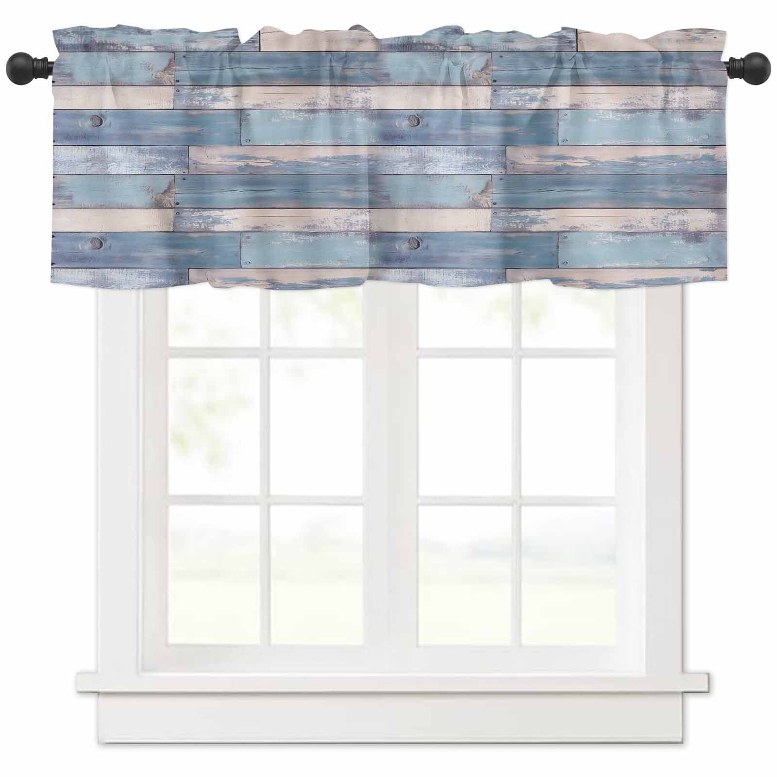 Blue Beige Wooden Valances for Windows Farmhouse Kitchen Curtains ...