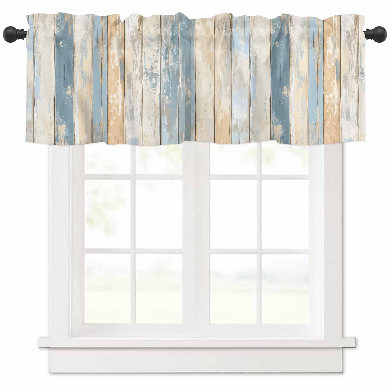 Blue Beige Wooden Valances for Windows Farmhouse Kitchen Curtains ...