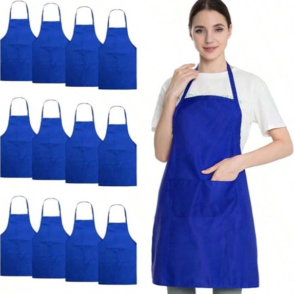 Blue Bib Apron 12 Pack, Adjustable Neck Strap With 2 Pockets, Water And ...