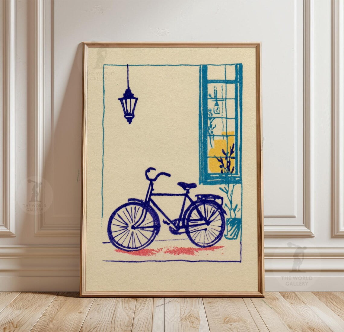 Blue Bicycle Window Scene Minimalist Line Art Paper Poster Decor ...