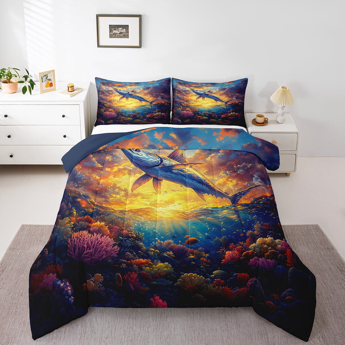 Blue Big Pike Fish Bedding Sets Full Size Hunting Fish Themed Comforter ...