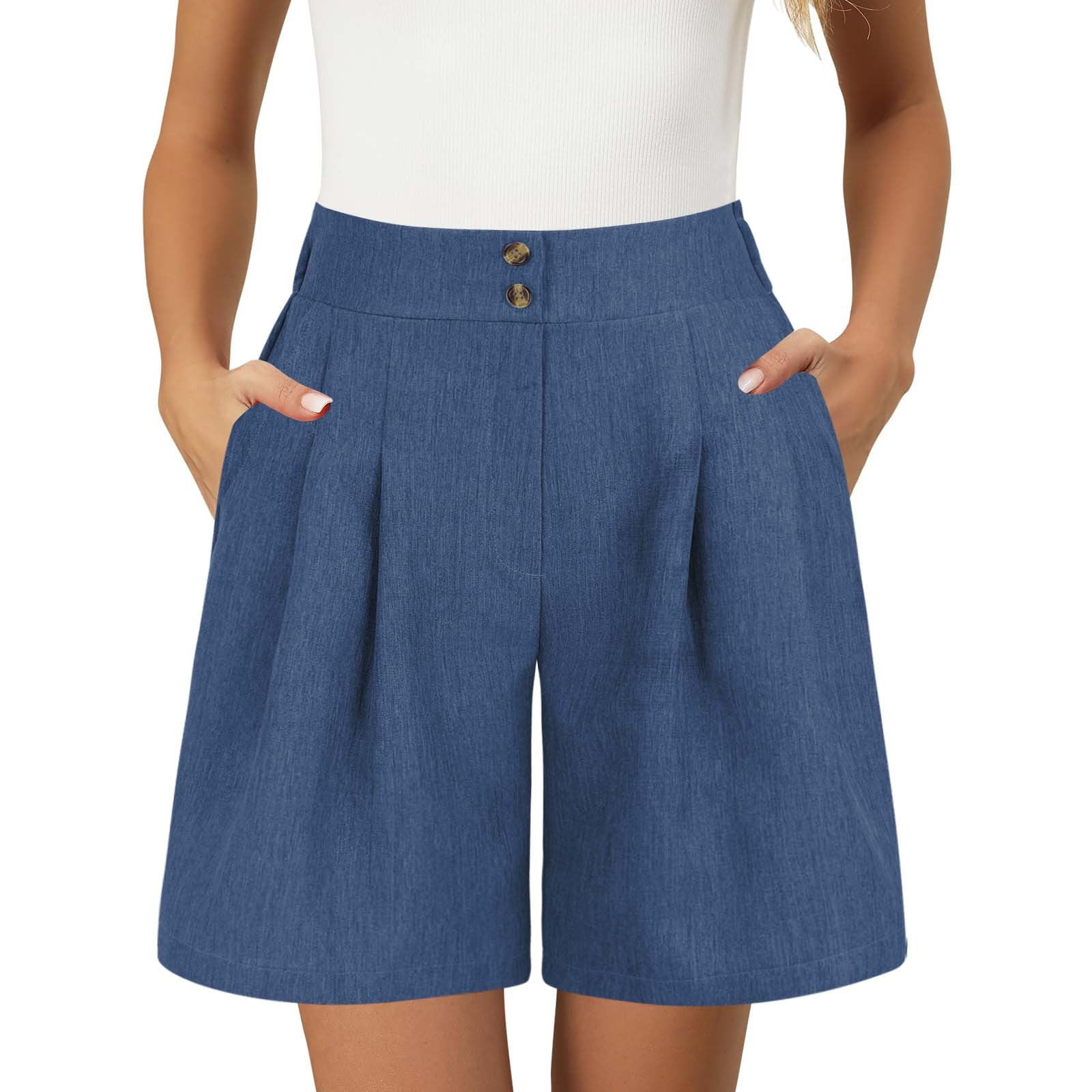 Blue Biker Shorts Womens Casual Elastic Waist Shorts High Waist Wide ...