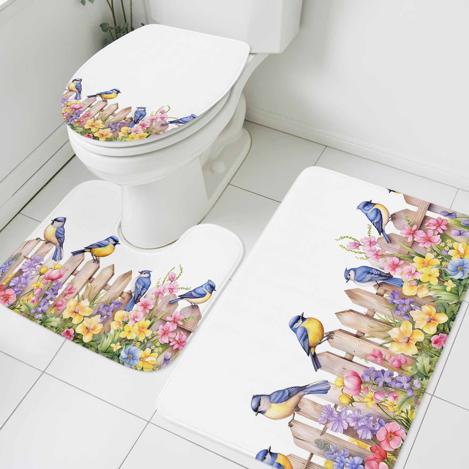 Blue Bird Bathroom Rugs Set Country Fence Flower and Plant Pattern Non ...
