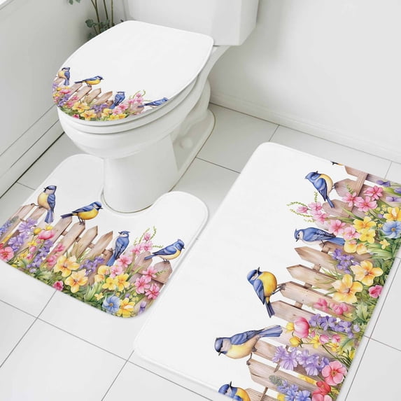 Blue Bird Bathroom Rugs Set Country Fence Flower and Plant Pattern Non ...