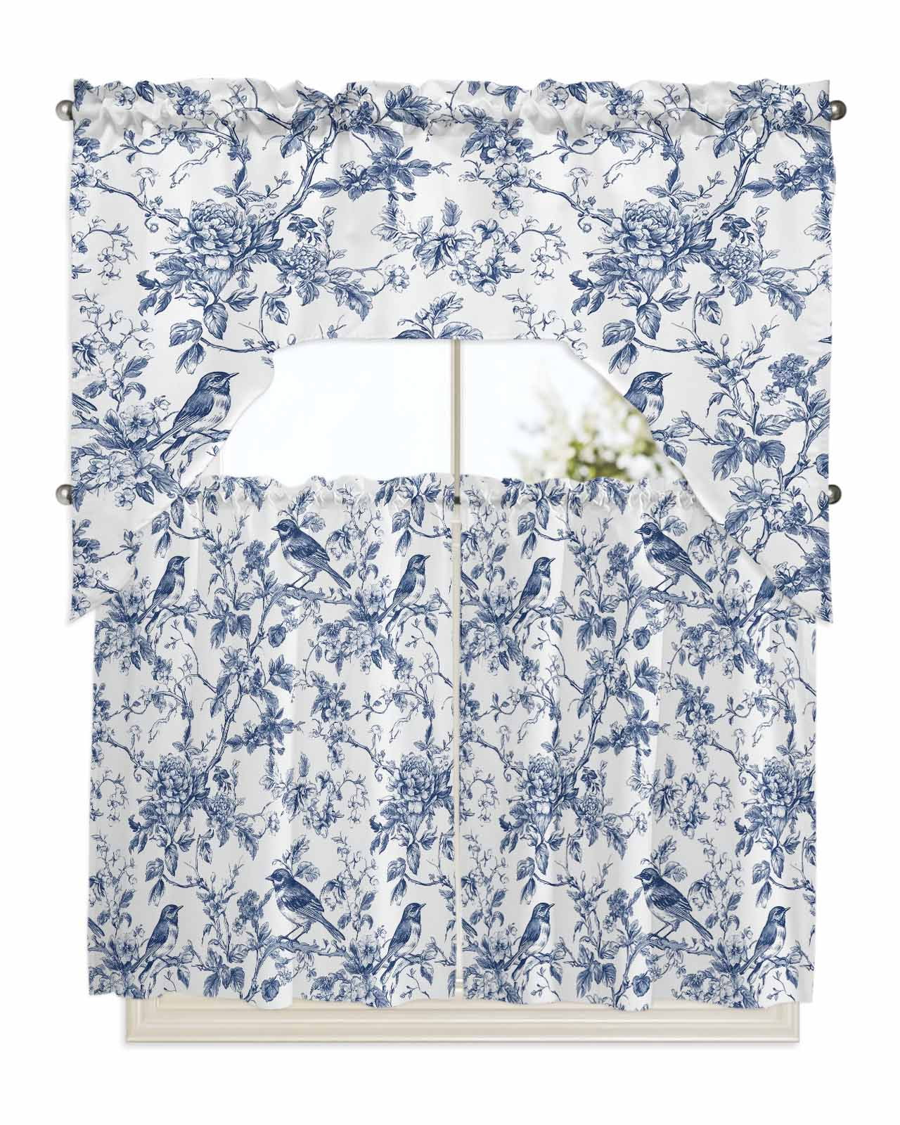 Blue Bird Flower Kitchen Curtains Swag Valance and Tier Curtains Set 36 ...