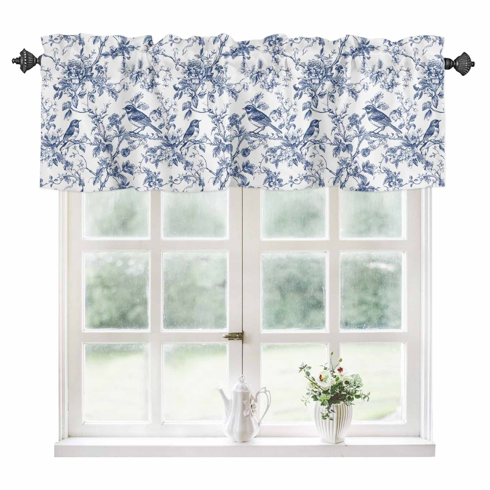 Blue Bird Flower Kitchen Valances for Windows 42x12 Inch Kitchen ...
