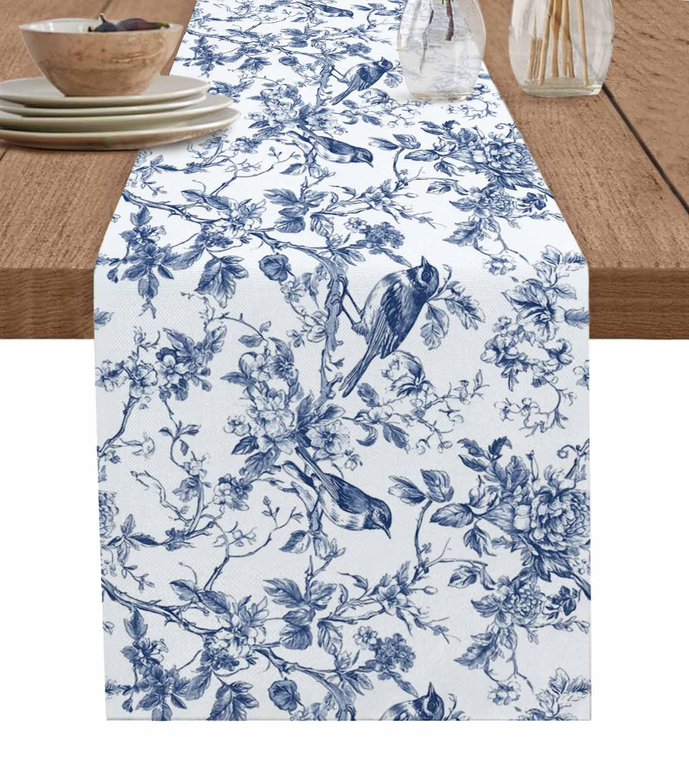 Blue Bird Flower Table Runner Retro Tree Branch Floral Fall Winter ...