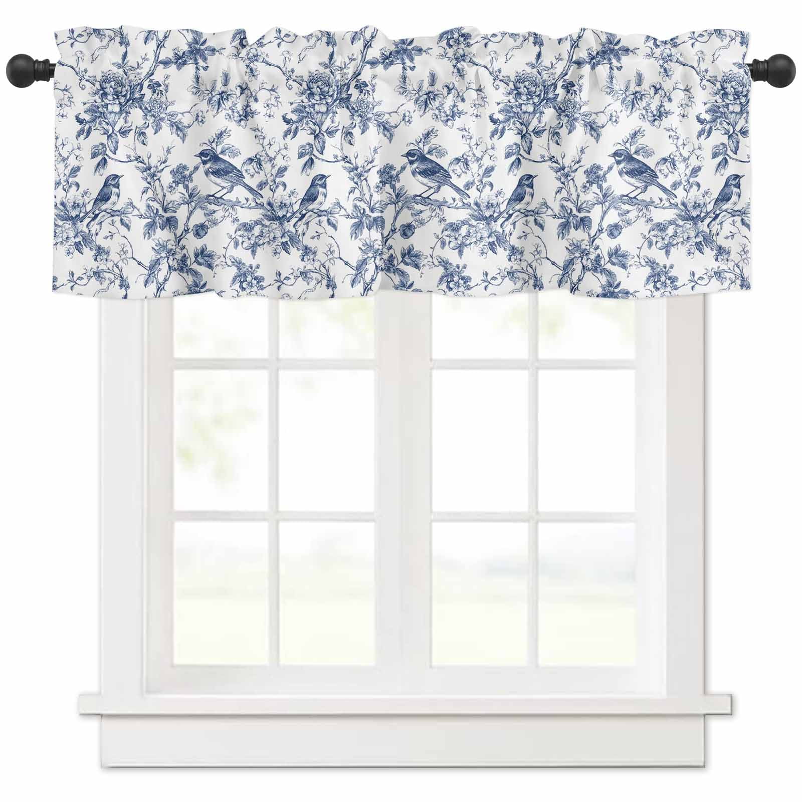 Blue Bird Flower Valances for Windows Farmhouse Kitchen Curtains ...