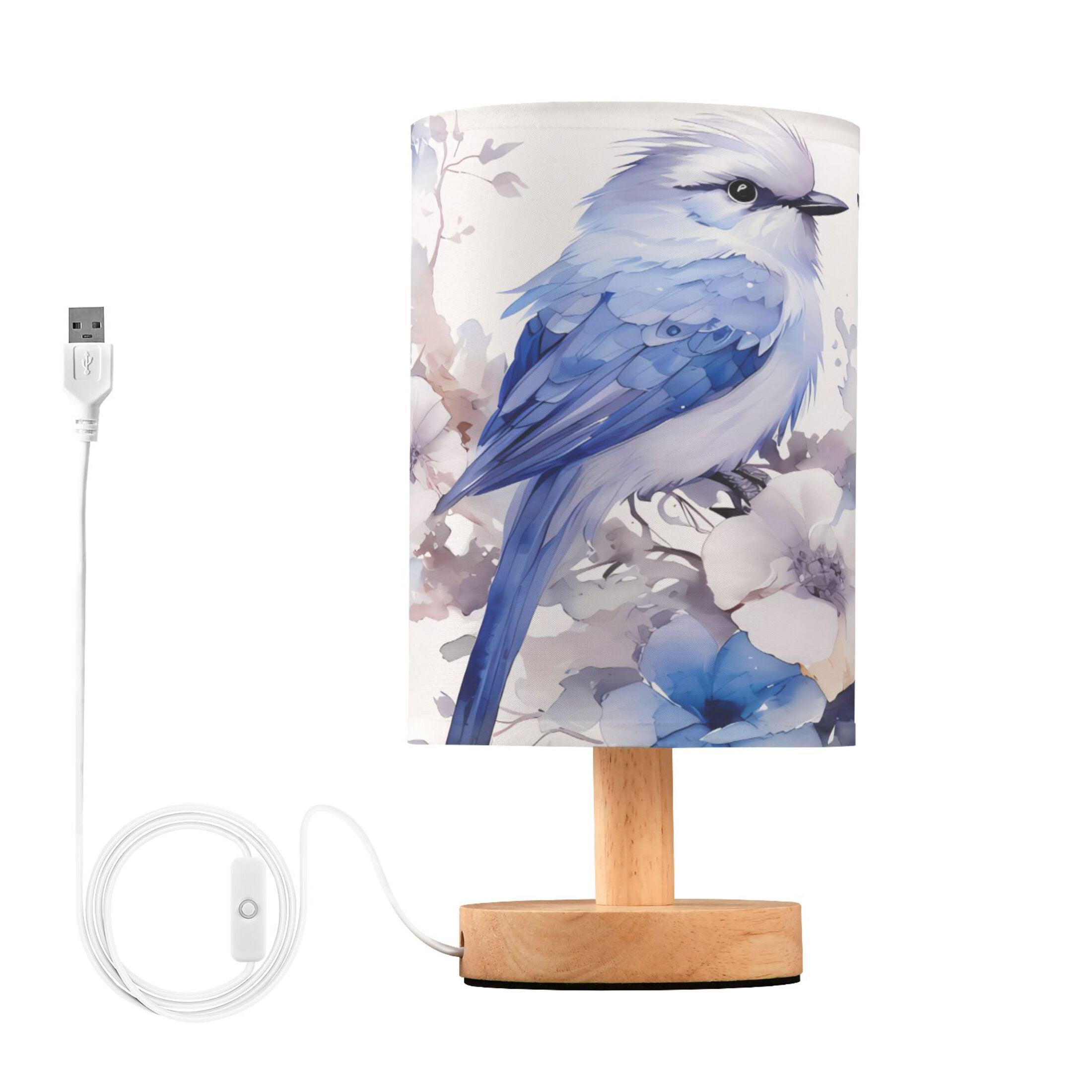 Blue Bird Flowers Table Lamp USB Bedside Desk Nightstand Lamp Printed ...