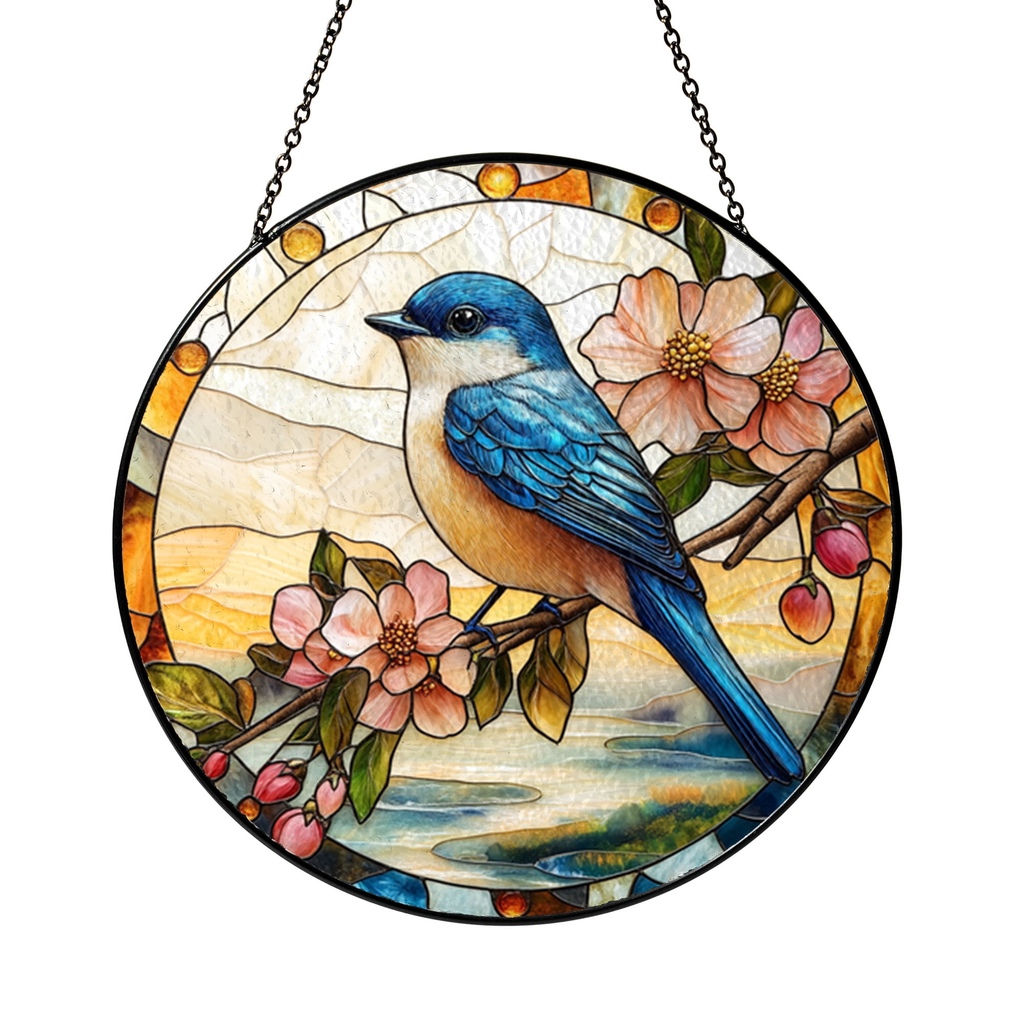Blue Bird Glass Suncatcher Window Hanging, Bird on Branch Sunset ...