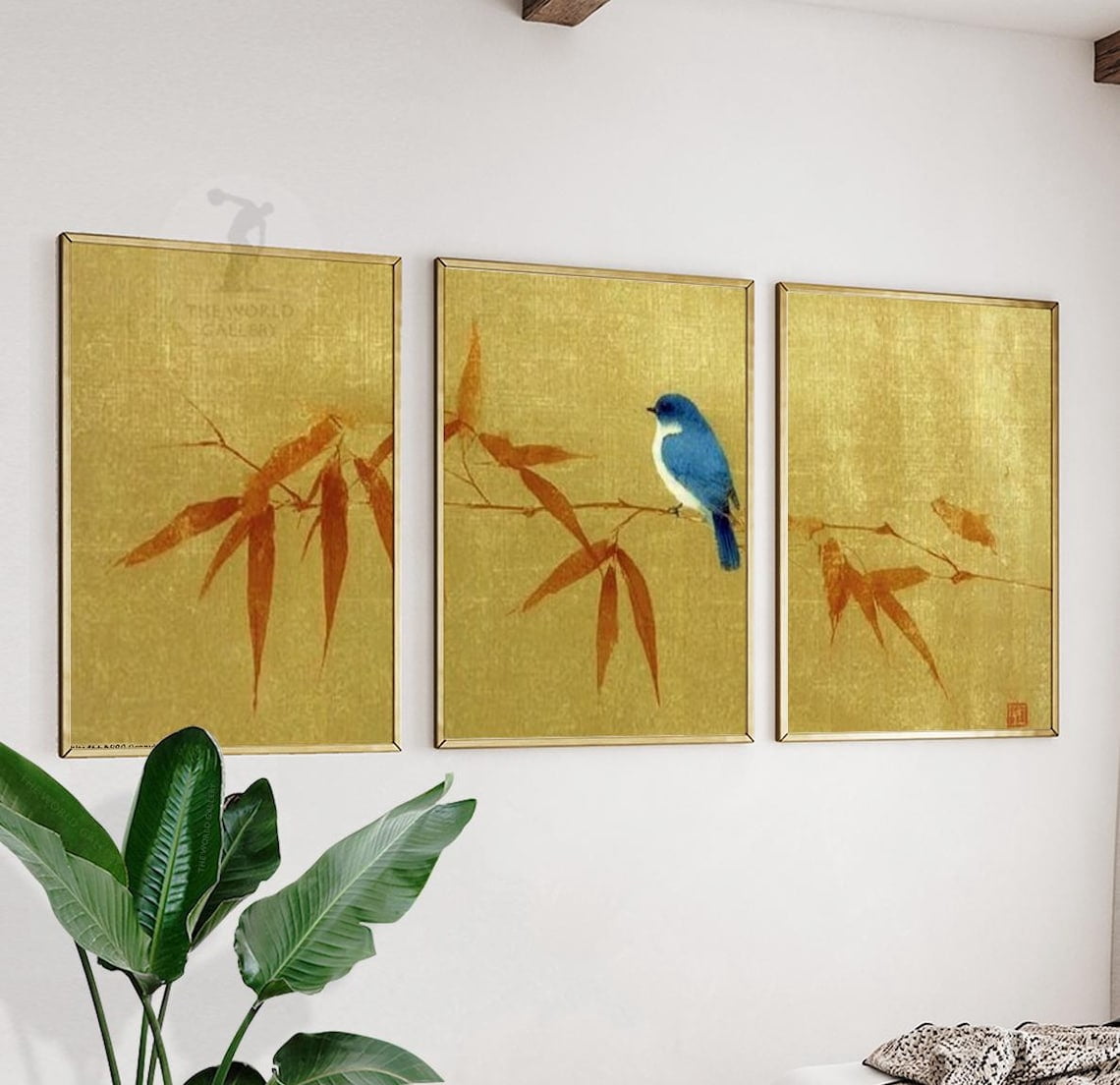 Blue Bird Golden Bamboo Japanese Minimalist Wall Art Set 3 Stretched ...