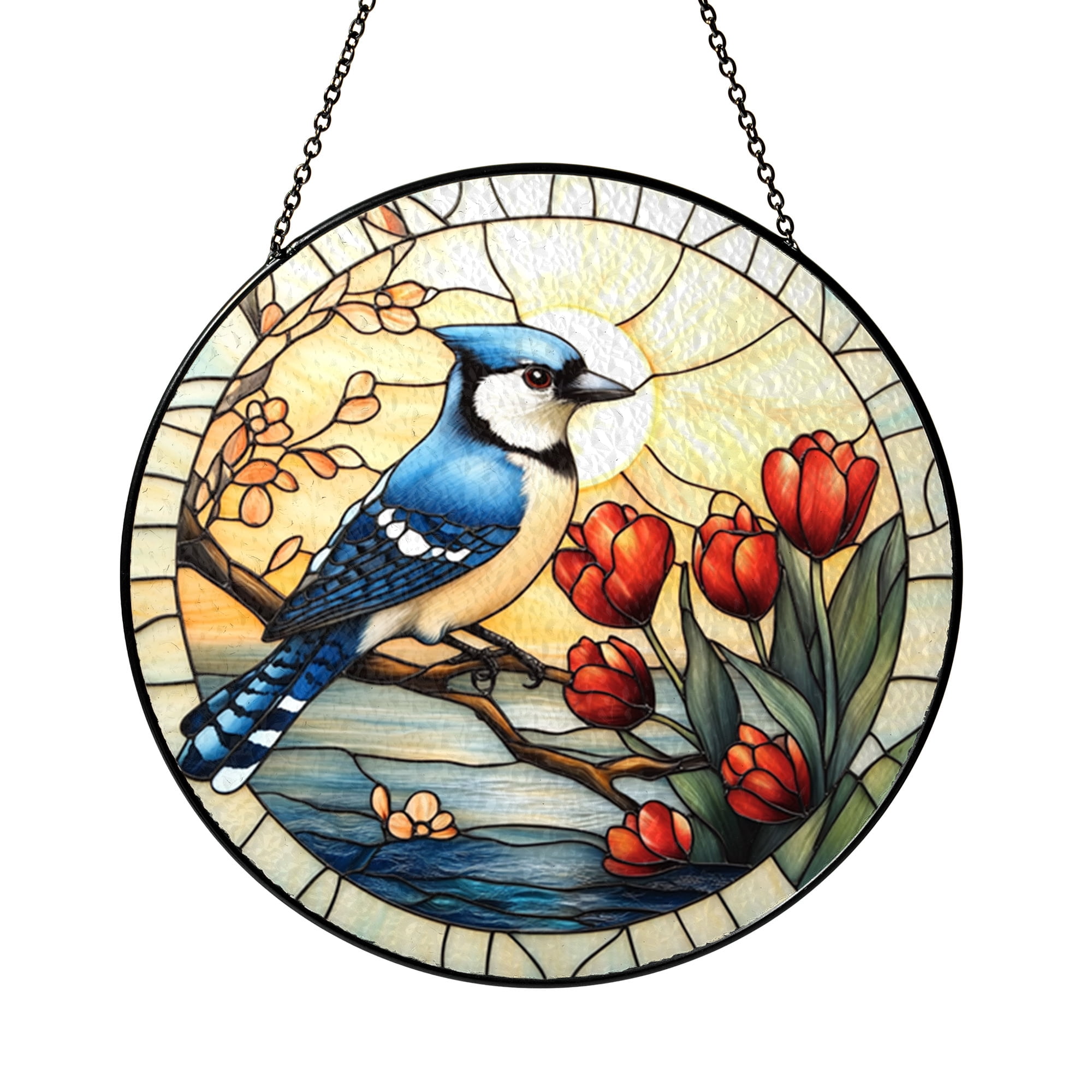 Blue Bird Inspired Red Floral Scene Stained Glass Style Window Hanging ...