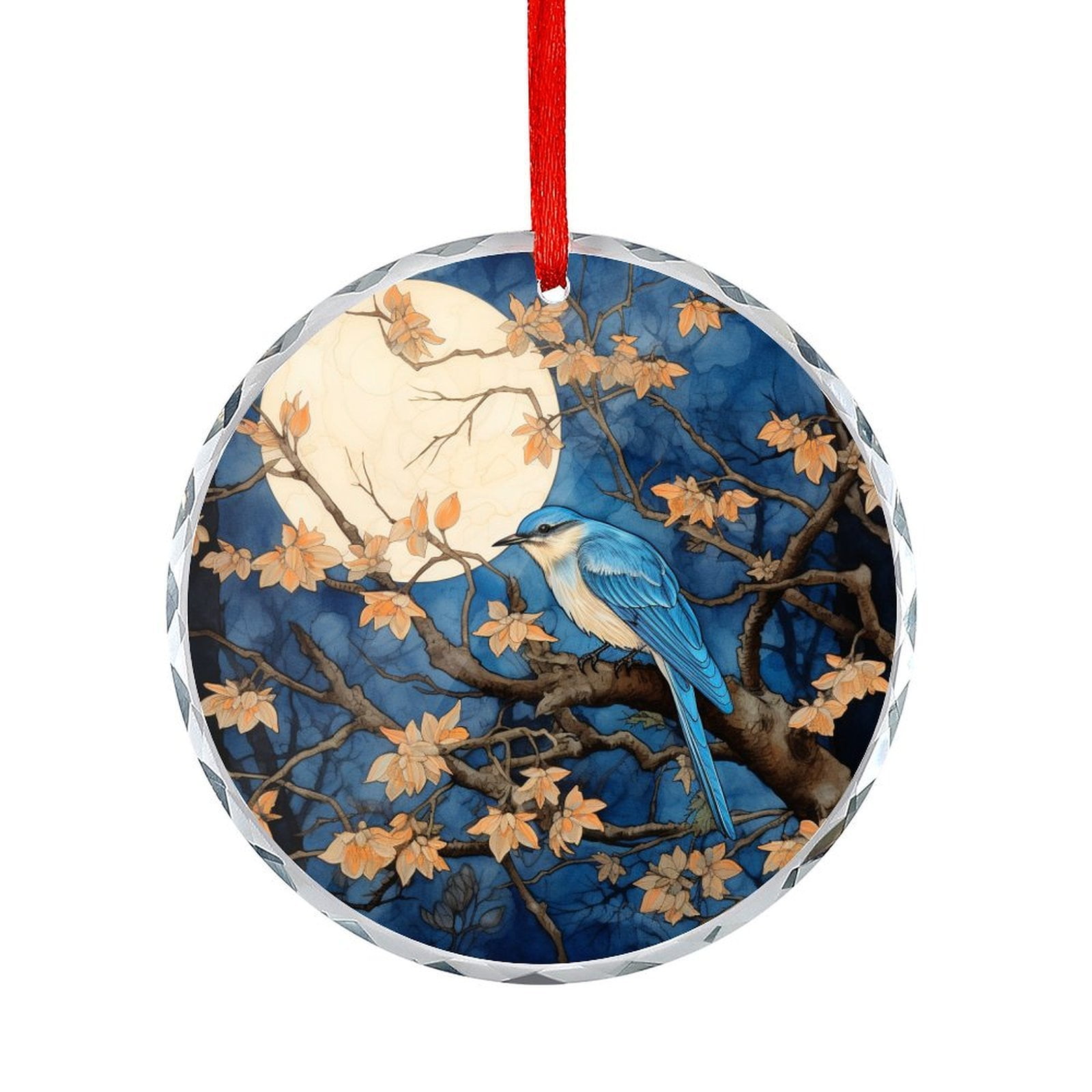 Blue Bird On A Shady Tree Under The Full Moon Crystal Glass Ornament ...