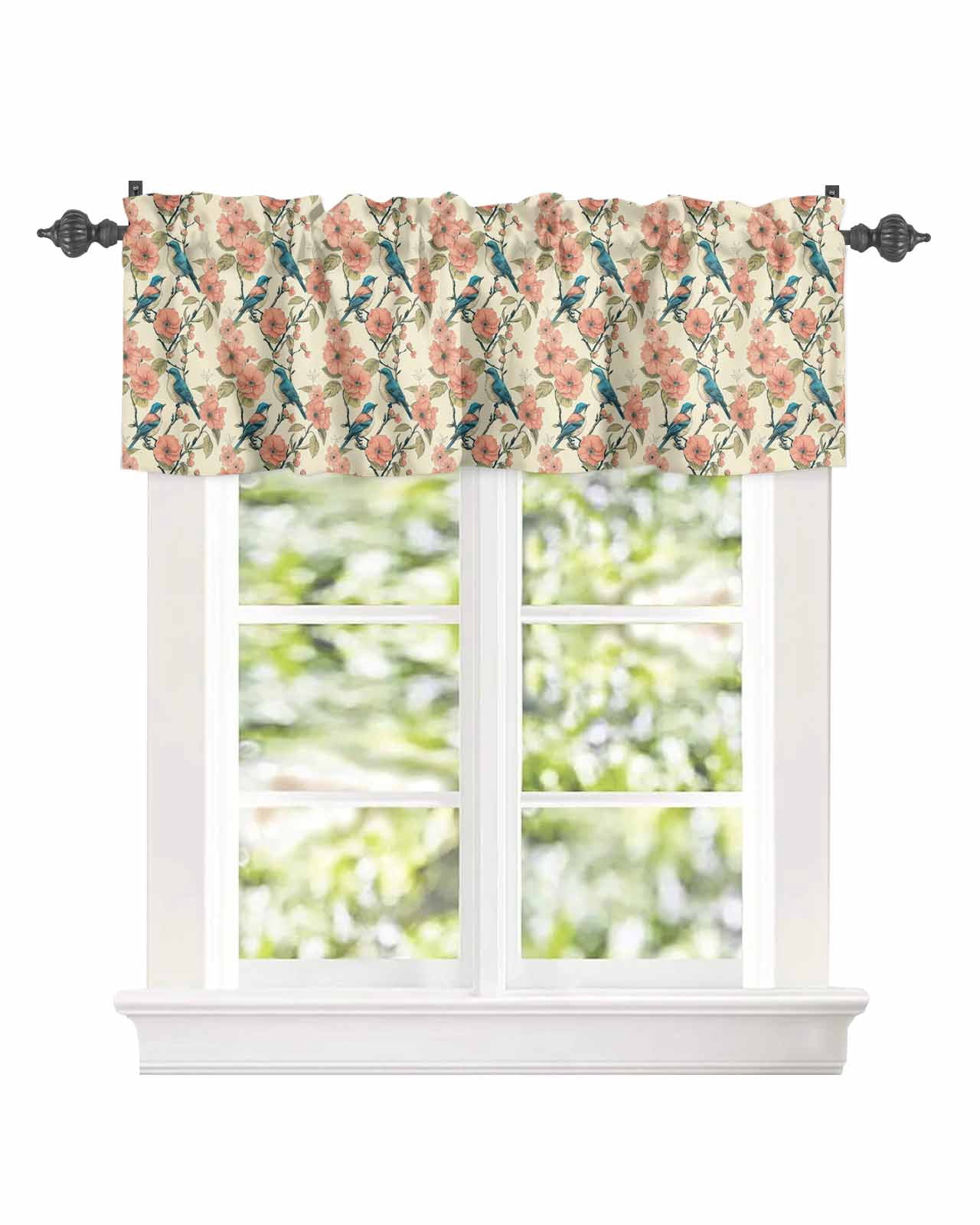 Blue Bird on Pastoral Floral Branches Window Valances for Kitchen,Rod ...