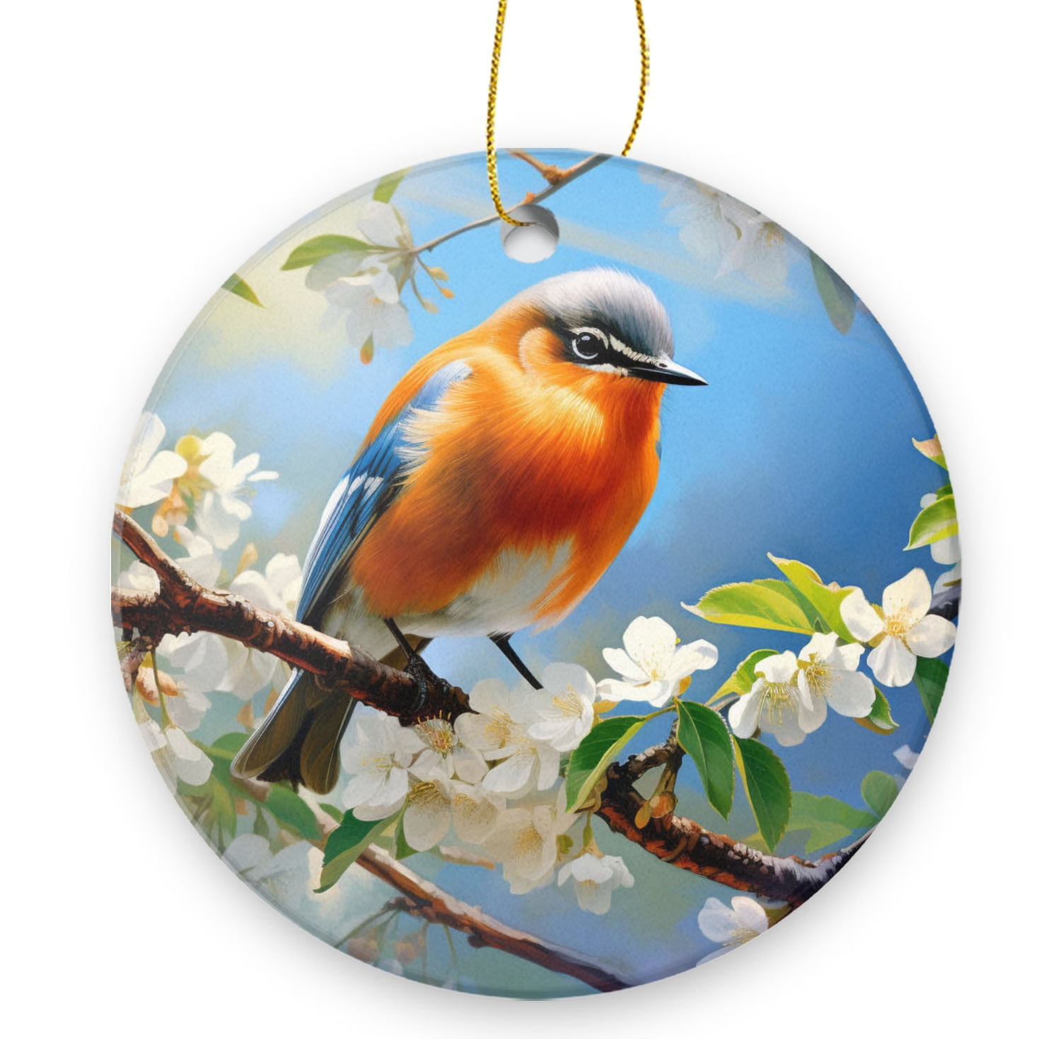 Blue Bird Perched on Branch With White Blossoms - Christmas Ornament ...