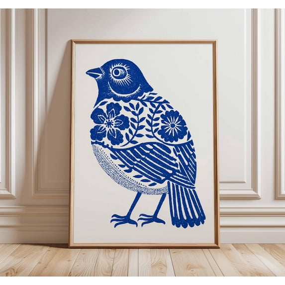 Blue Bird Scandinavian Folk Art Floral Wall Modern Boho Nature Bird ...