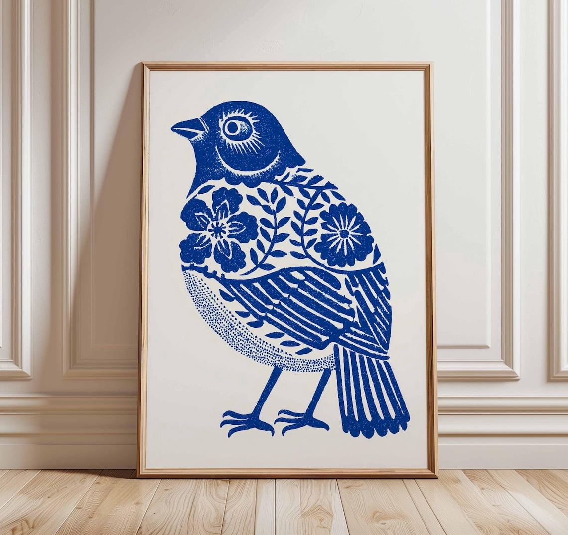 Blue Bird Scandinavian Folk Art Floral Wall Modern Boho Nature Bird ...