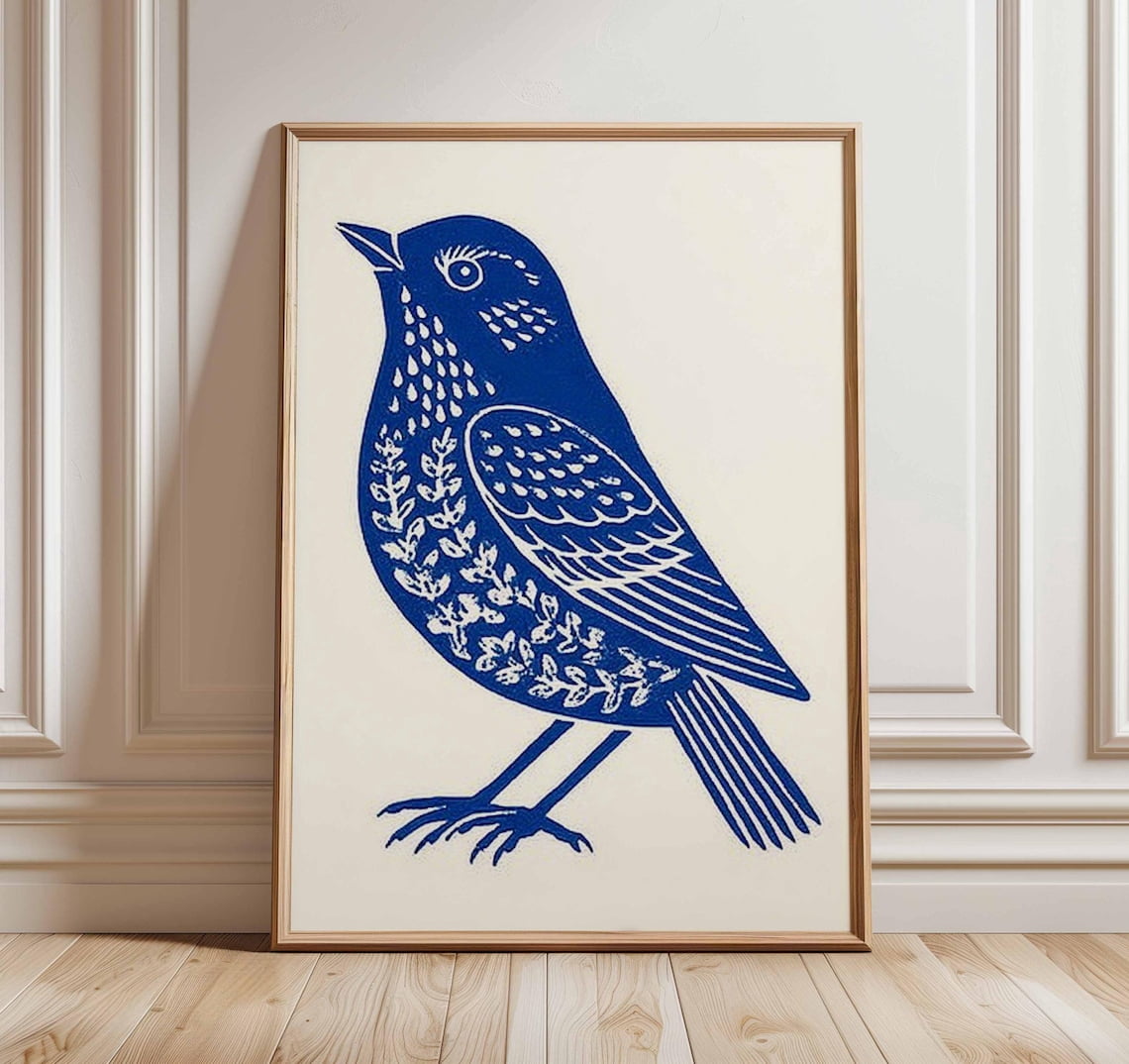 Blue Bird Scandinavian Folk Art Minimalist Nature Nordic Decor Unframed ...